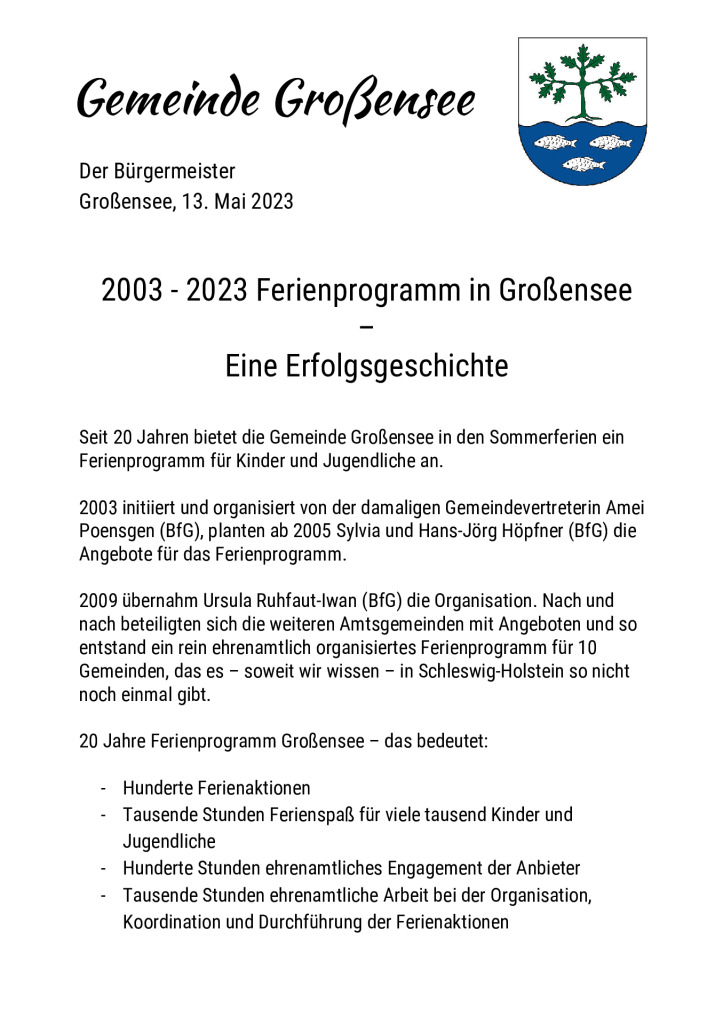 2003 - 2023 Erfolgsgeschichte Ferienprogramm - Großensee